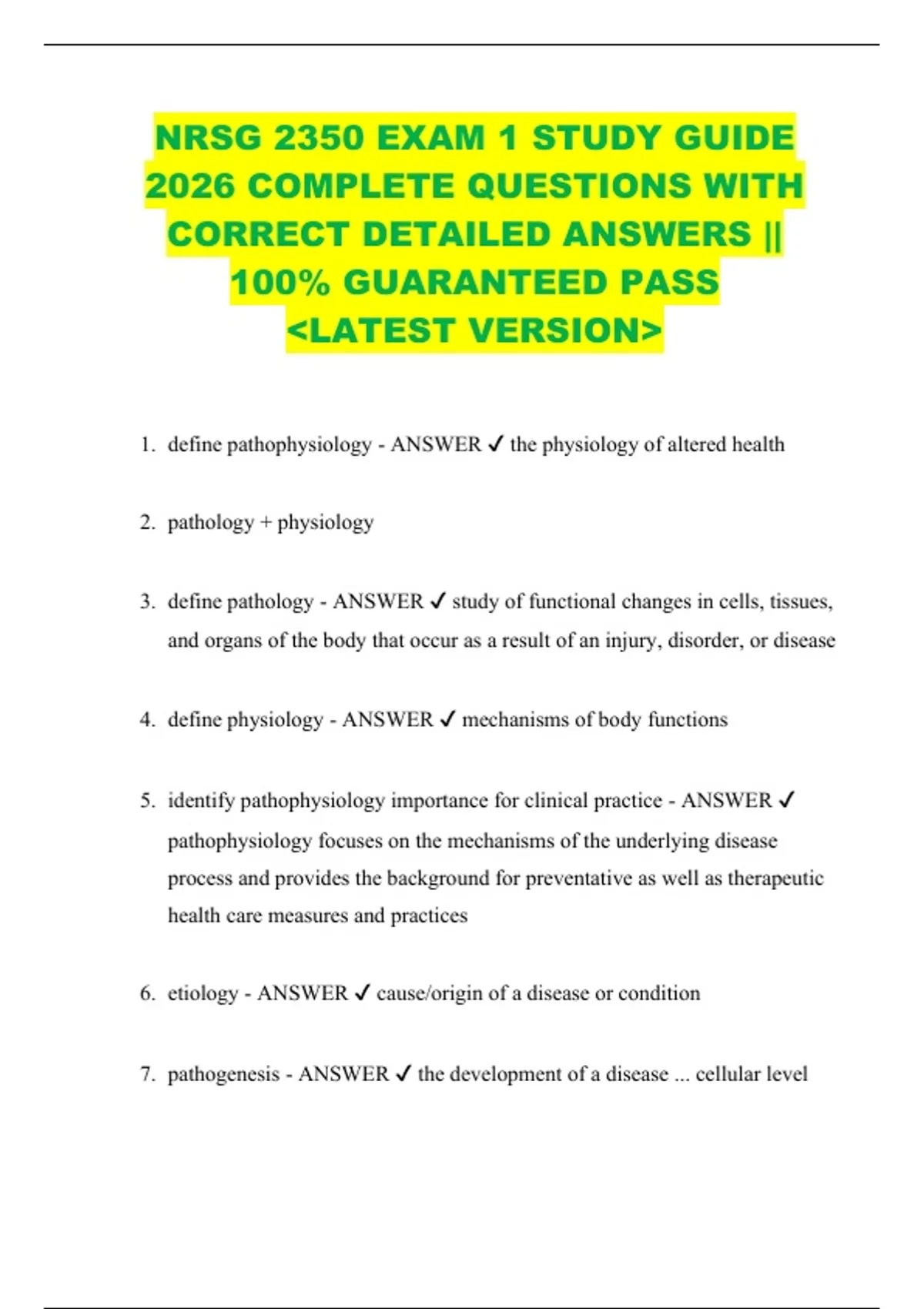 NRSG 2350 EXAM 1 STUDY GUIDE 2026 COMPLETE QUESTIONS WITH CORRECT ...