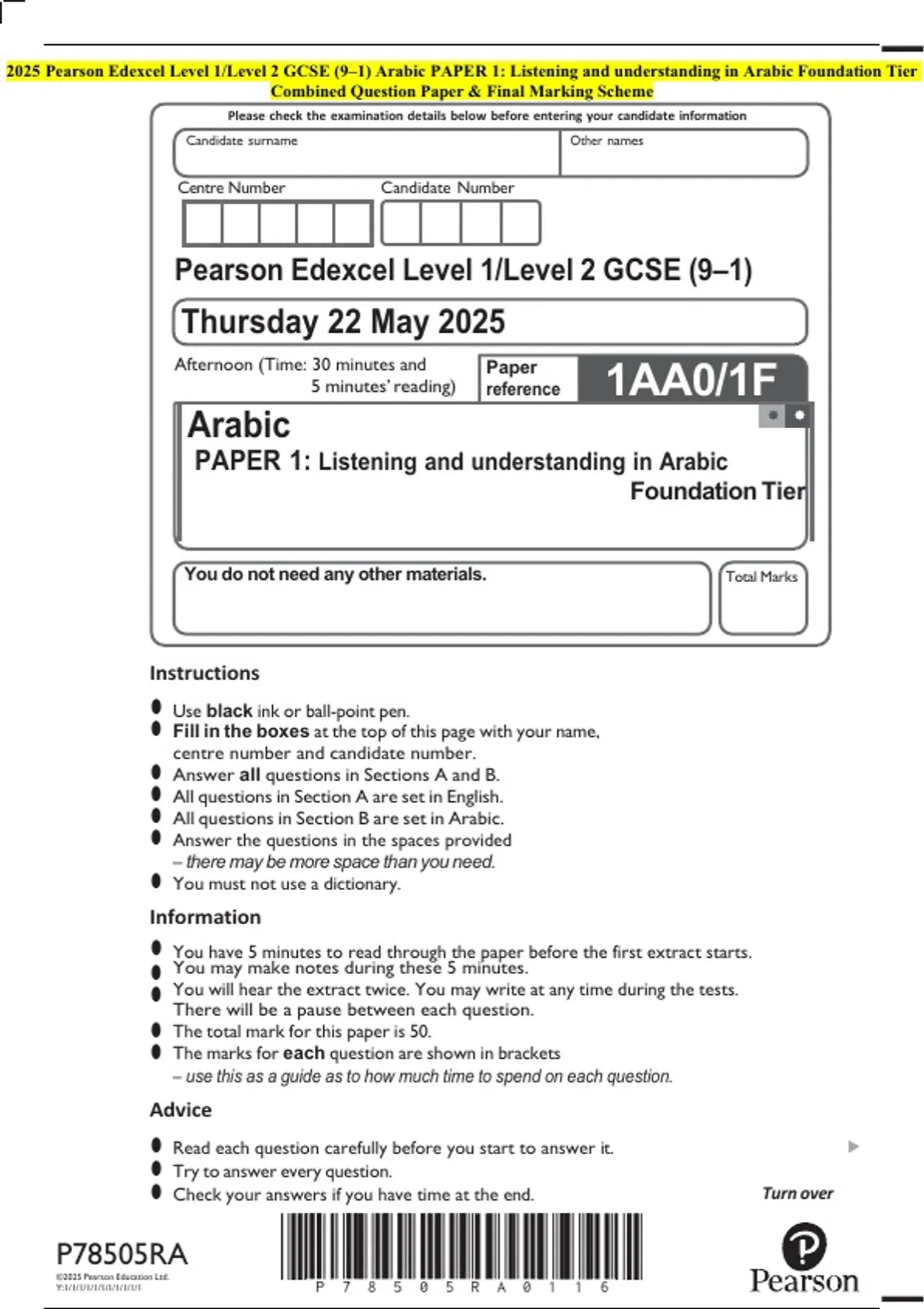 BUNDLE-::2025 Pearson Edexcel Level 1/Level 2 GCSE (9–1) Arabic Exams ...