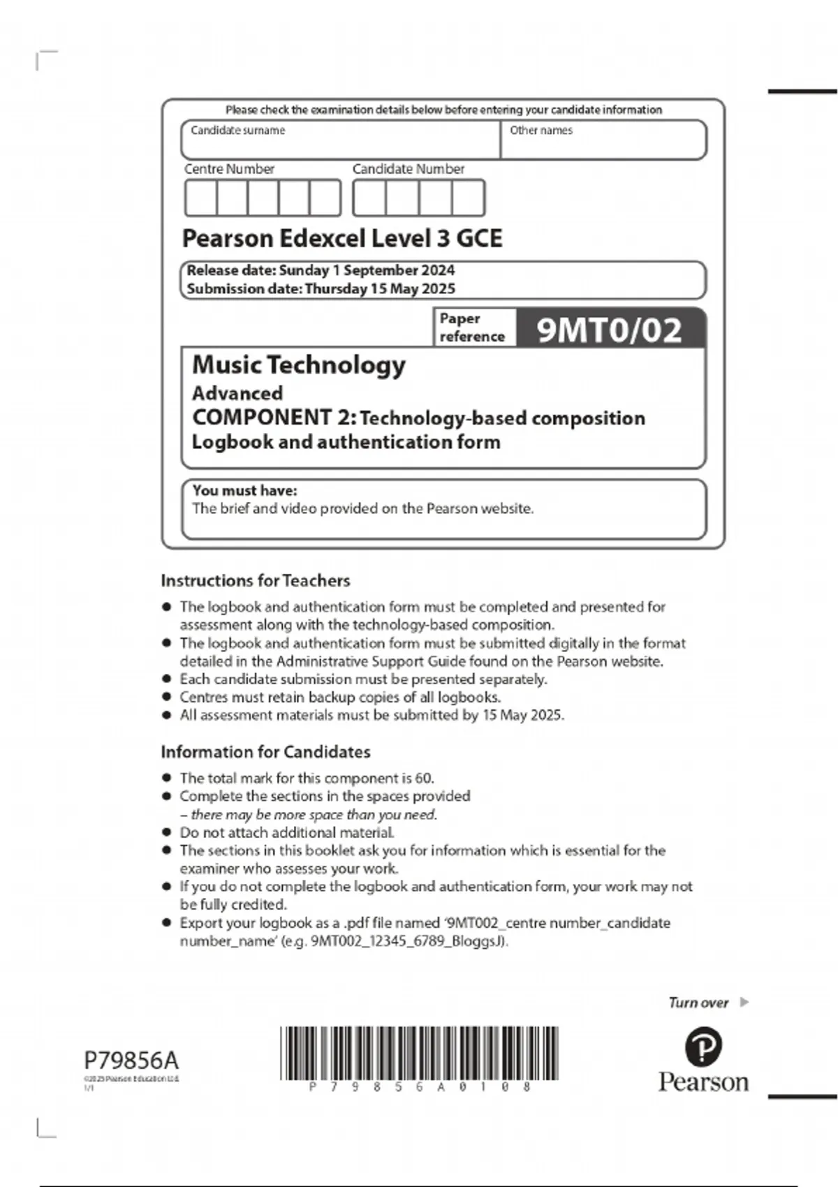 2025 Pearson Edexcel Level 3 GCE Music Technology Advanced COMPONENT 2 ...