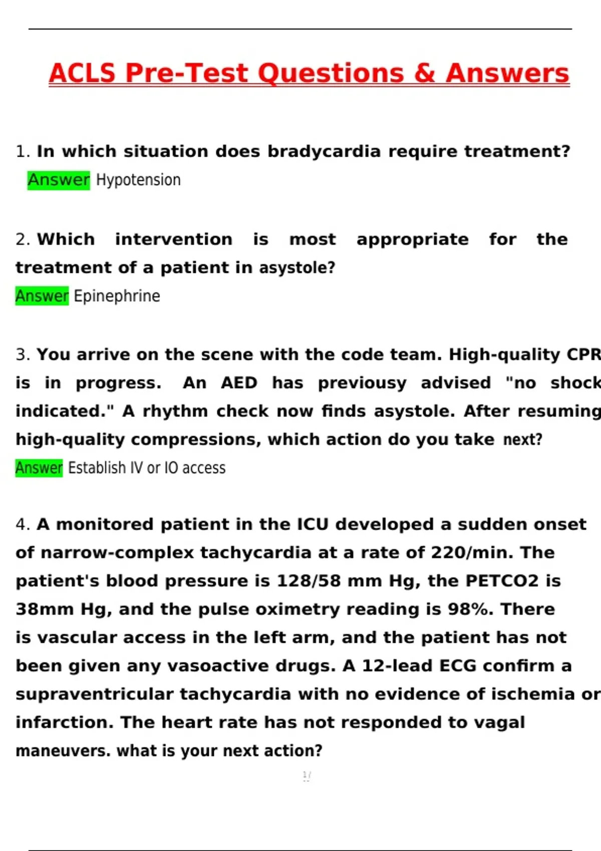 ACLS Pre-Test (Latest 2025 / 2026 ) Actual Questions and Answers 100% ...