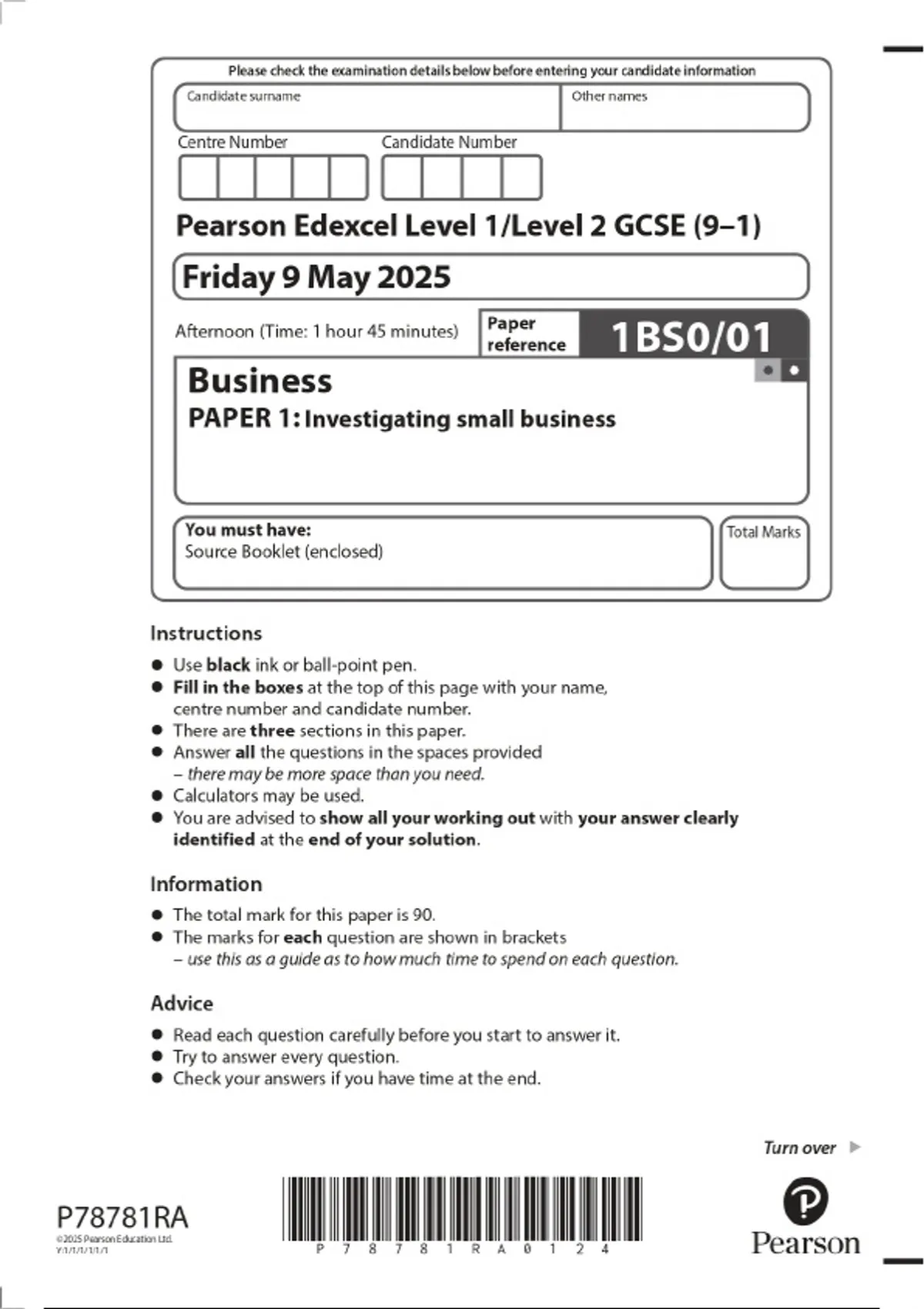 2025 Pearson Edexcel Level 1/Level 2 GCSE (9–1) Business PAPER 1 ...