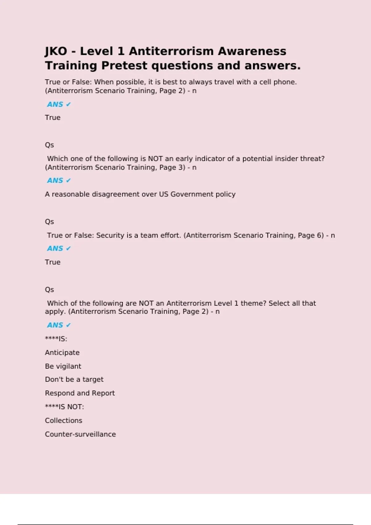 JKO - Level 1 Antiterrorism Awareness Training Pretest questions and ...