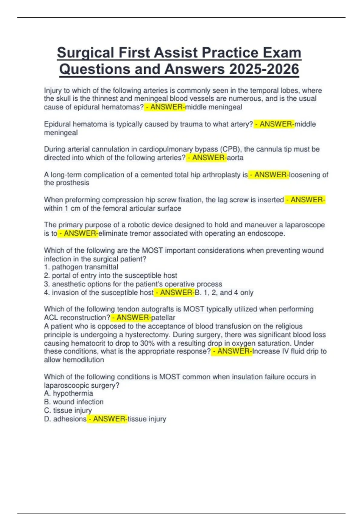 Surgical First Assist Practice Exam Questions and Answers - Surgical ...