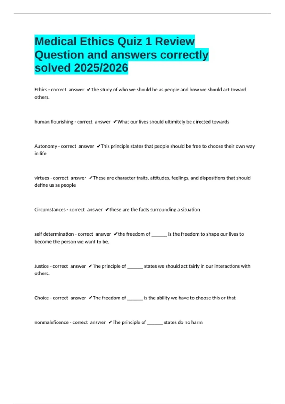 Medical Ethics Quiz 1 Review Question and answers correctly solved 2025 ...