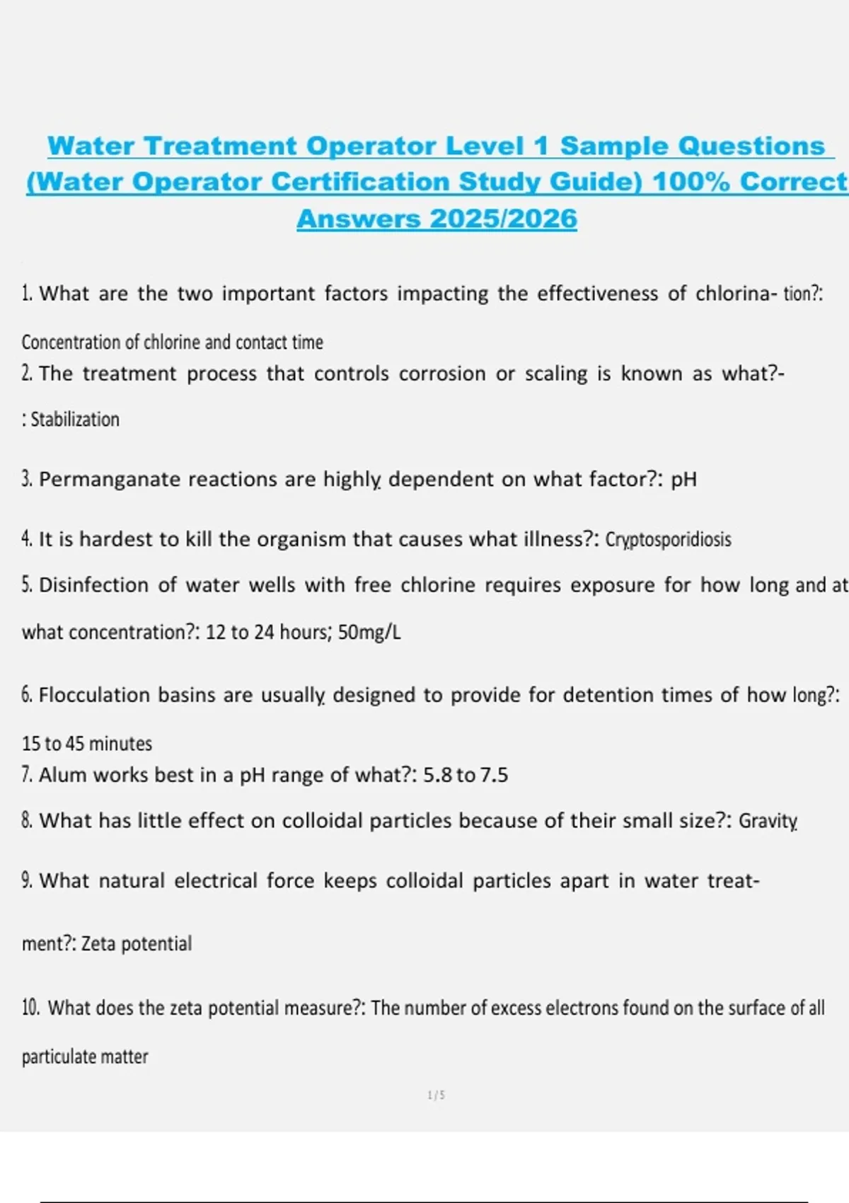 Water Treatment Operator Level 1 Sample Questions (Water Operator ...