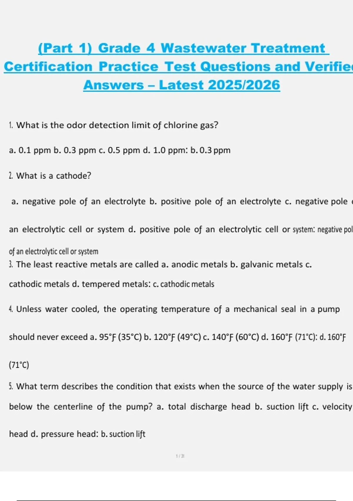 (Part 1) Grade 4 Wastewater Treatment Certification Practice Test ...