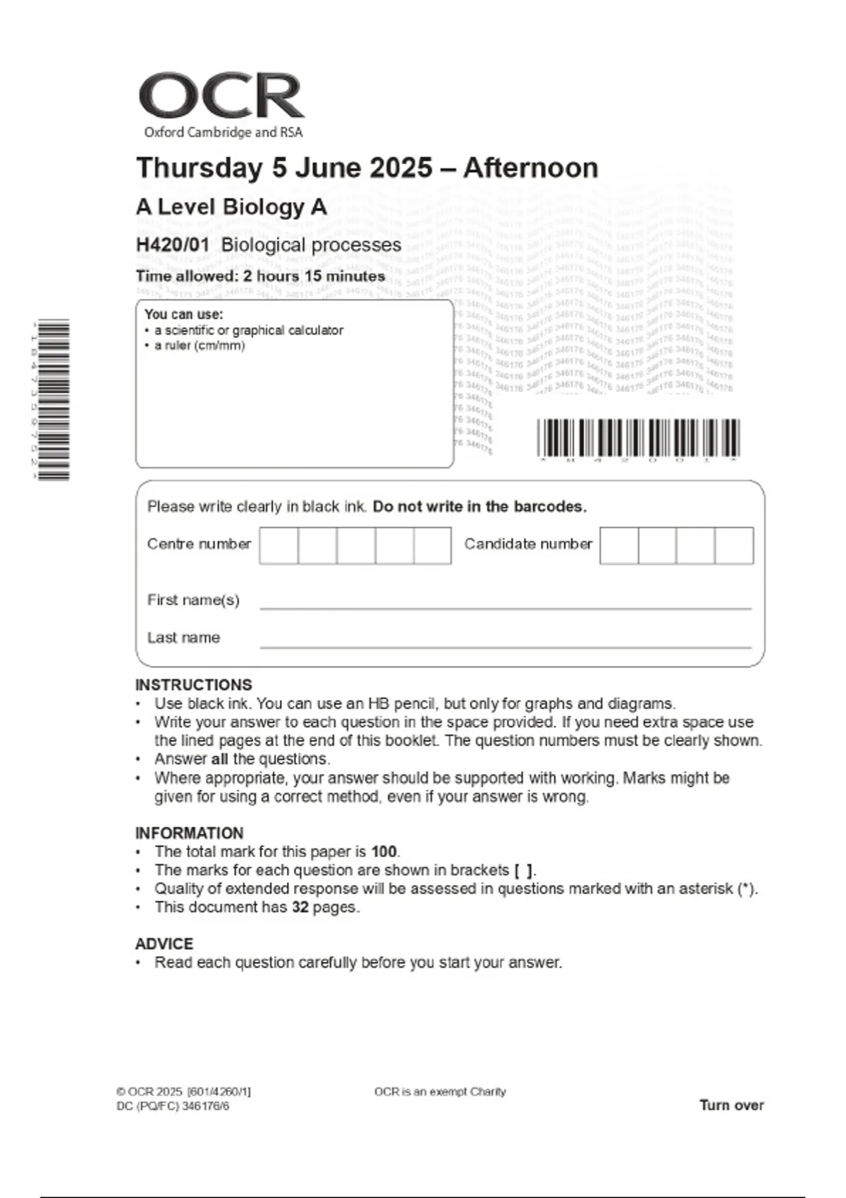 2025 OCR A Level Biology A H420/01 Biological processes Combined ...