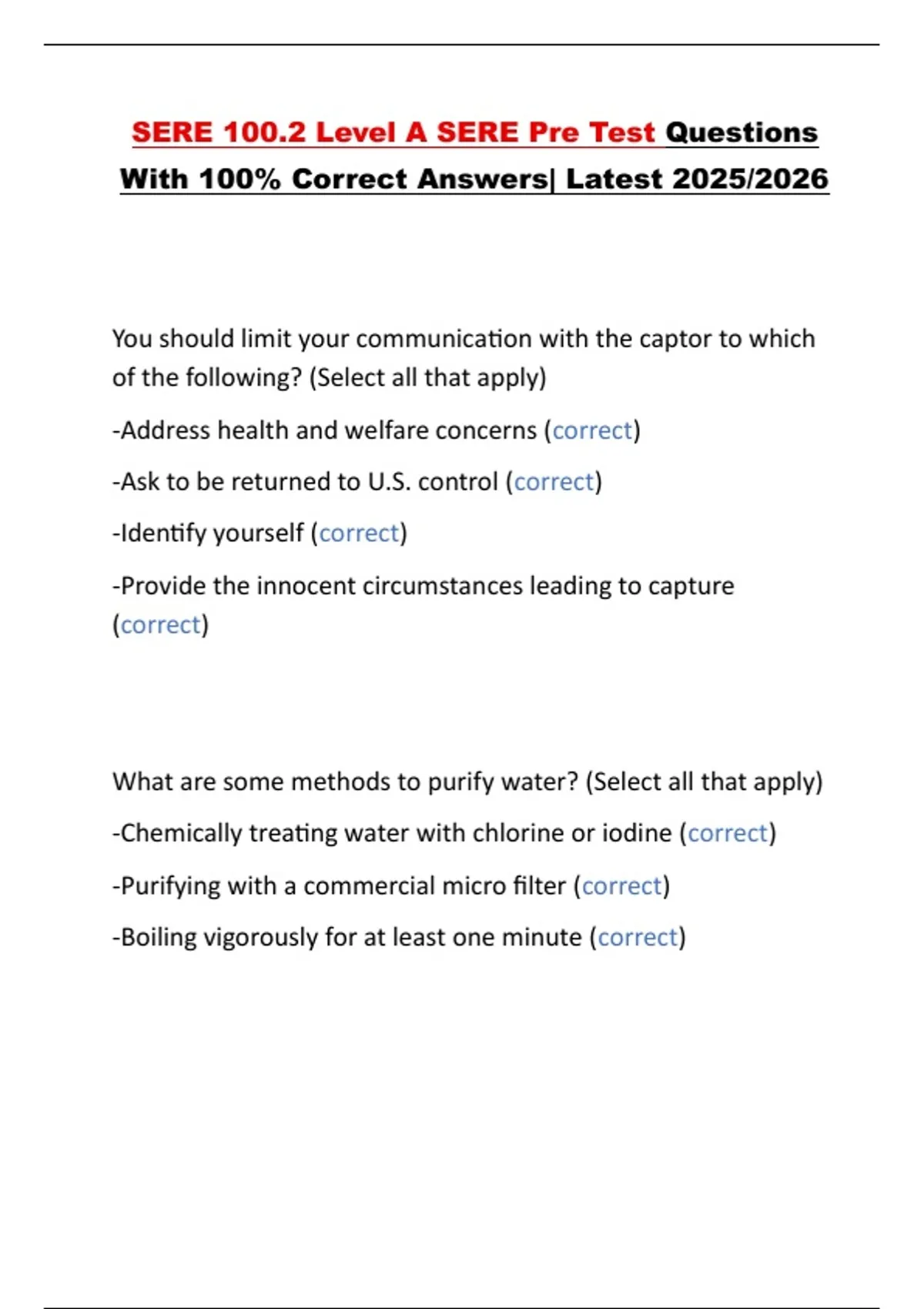 SERE 100.2 Level A SERE Pre Test Questions With 100% Correct Answers ...