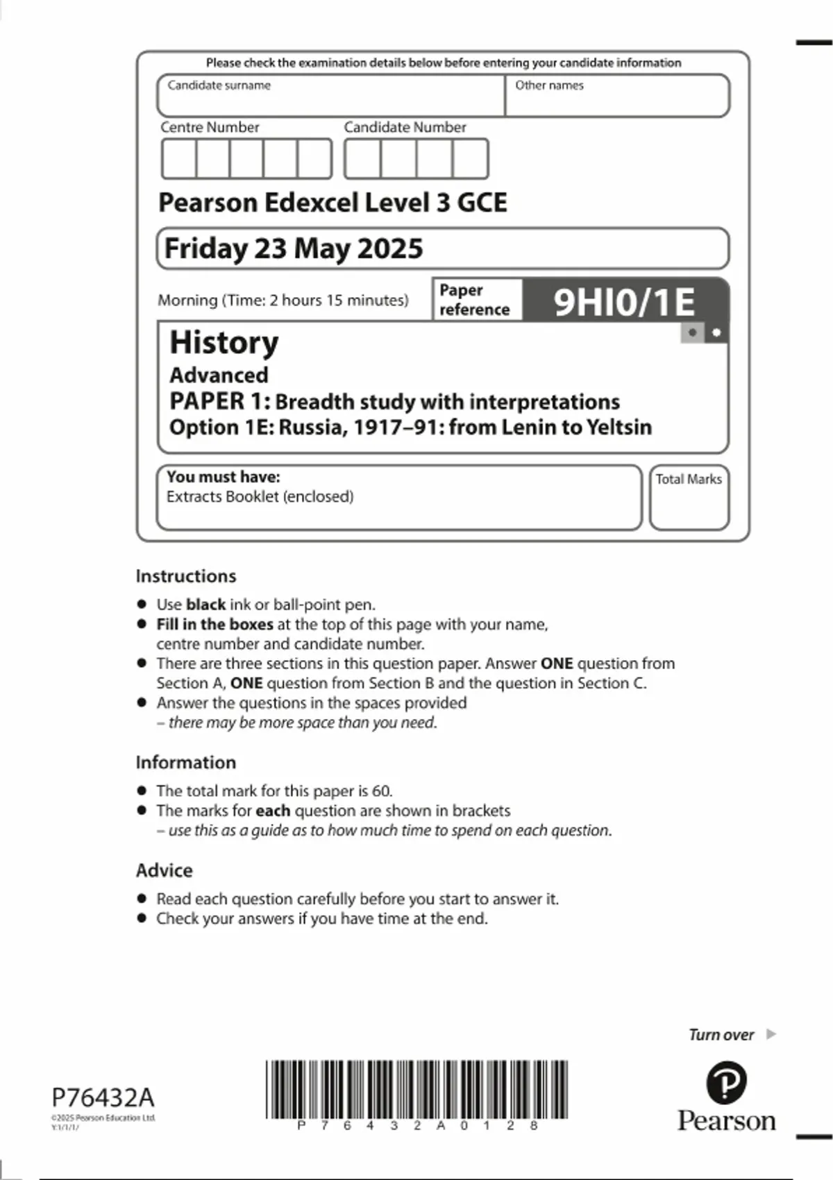 2025 Pearson Edexcel A LEVEL History PAPER 1E QUESTION PAPER (9HI0/1E ...