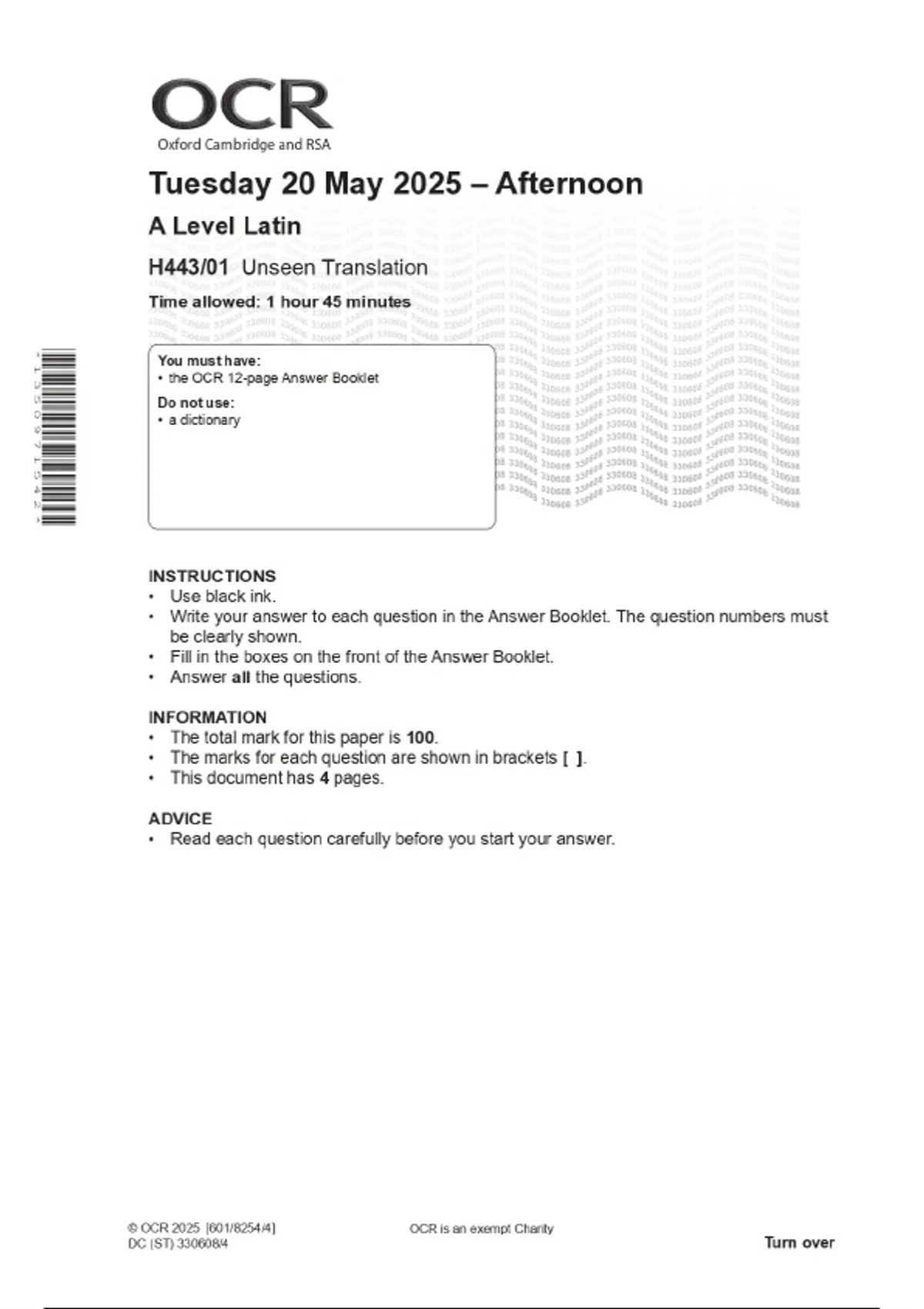 2025 OCR A Level Latin H443/01 Unseen Translation Combined Question ...
