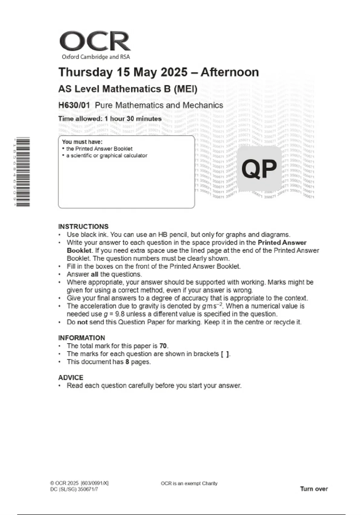 2025 OCR AS Level Mathematics B (MEI) H630/01 Pure Mathematics and ...