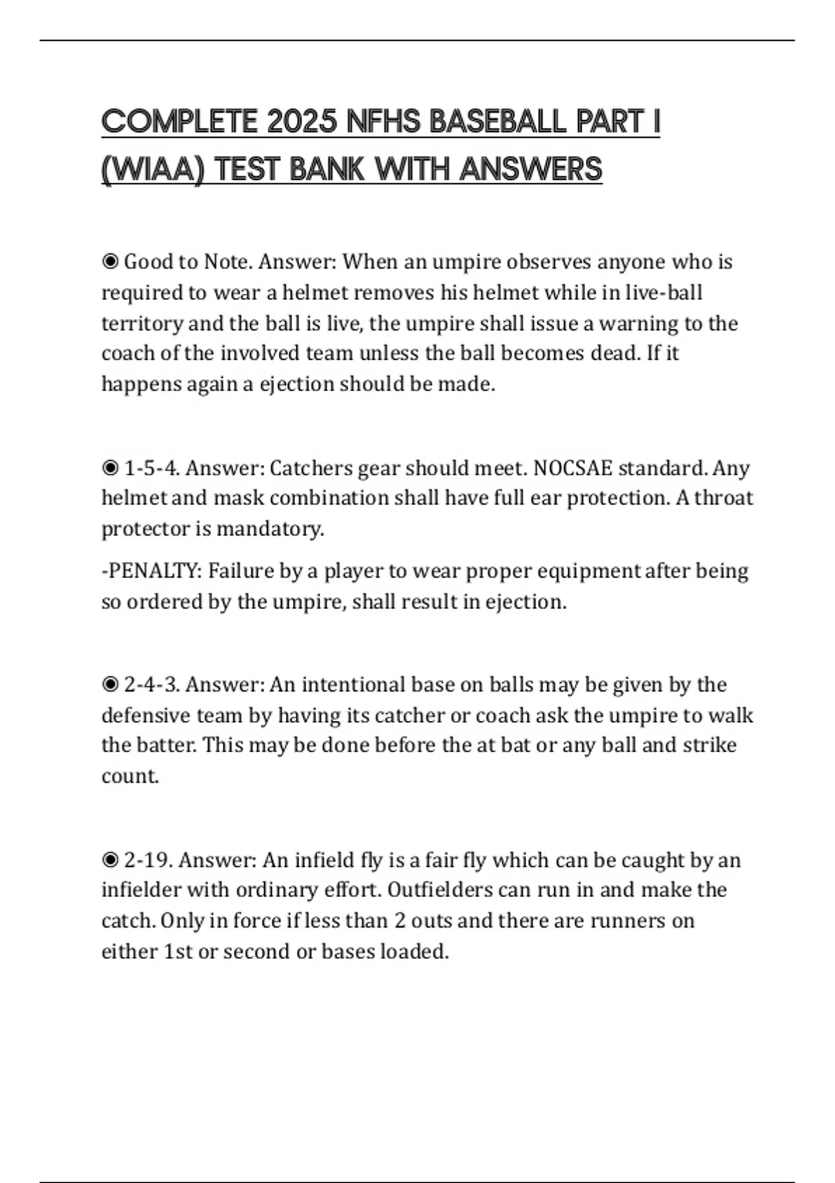 COMPLETE 2025 NFHS BASEBALL PART I (WIAA) TEST BANK WITH ANSWERS ...