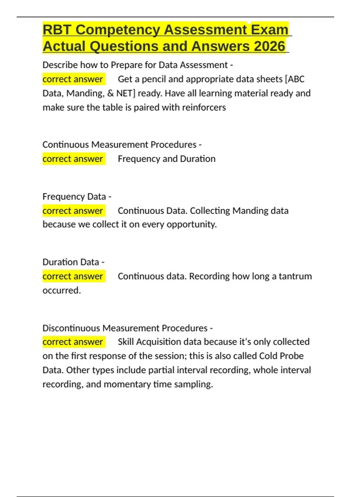 RBT Competency Assessment Exam Actual Questions and Answers 2026.docx ...