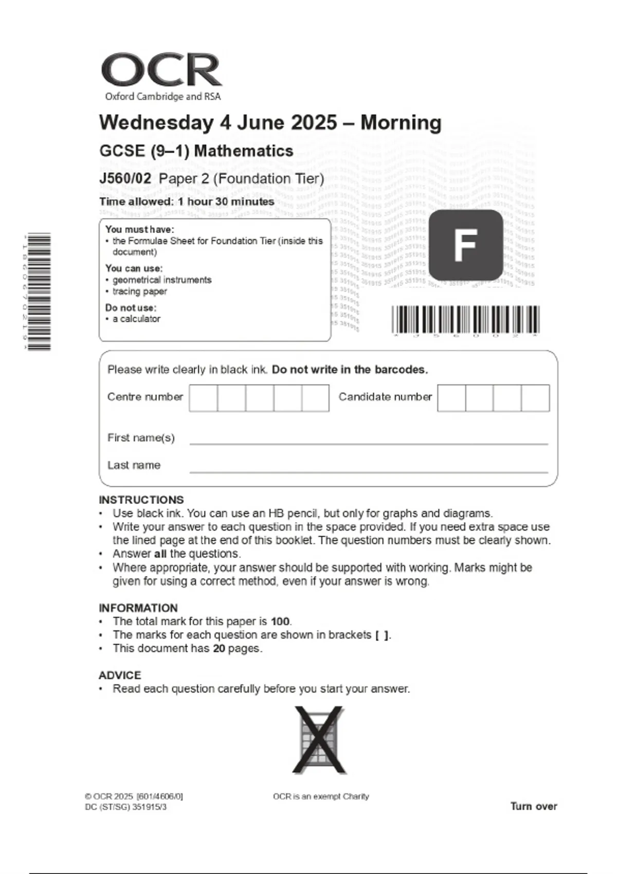 2025 OCR GCSE (9–1) Mathematics J560/02 Paper 2 (Foundation Tier ...