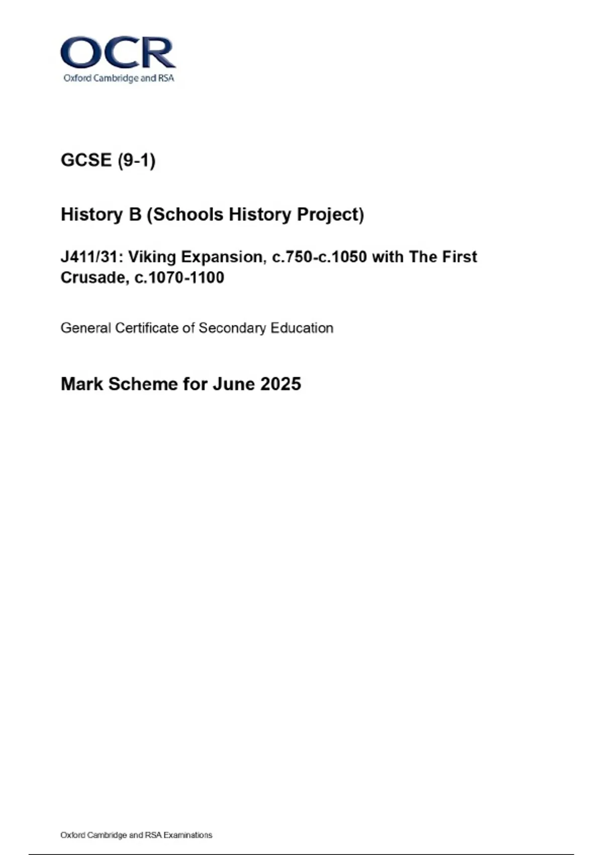 2025 OCR GCSE (9-1) History B (Schools History Project) J411/31: Viking ...