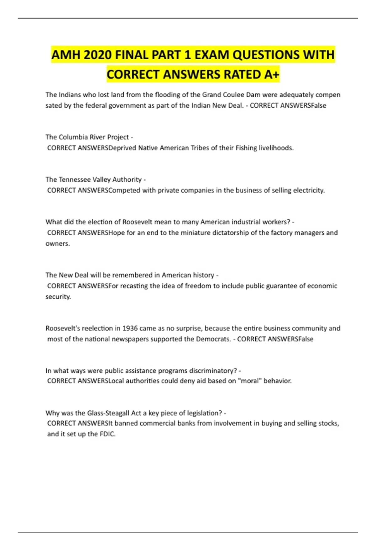 AMH 2020 FINAL PART 1 EXAM QUESTIONS WITH CORRECT ANSWERS RATED A+.pdf ...