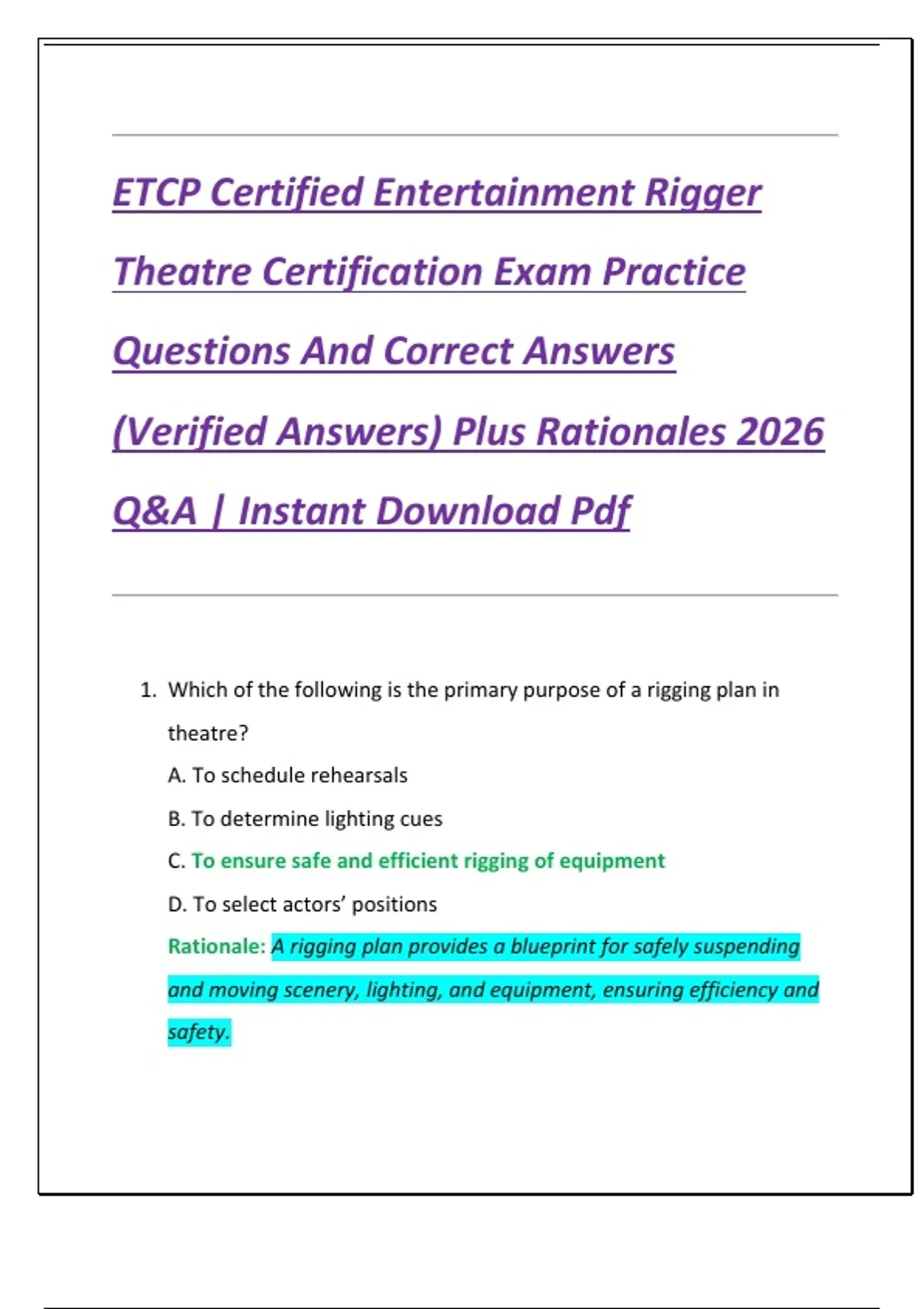 ETCP Certified Entertainment Rigger Theatre Certification Exam Practice ...