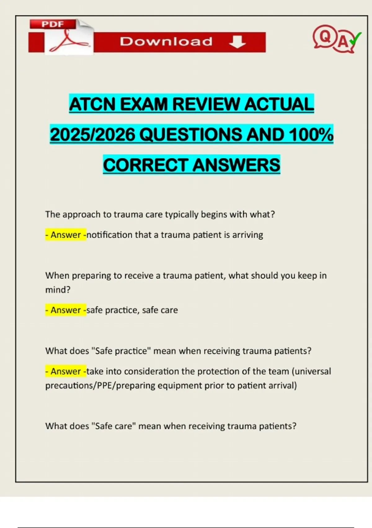 ATCN EXAM REVIEW ACTUAL 2025/2026 QUESTIONS AND 100% CORRECT ANSWERS ...