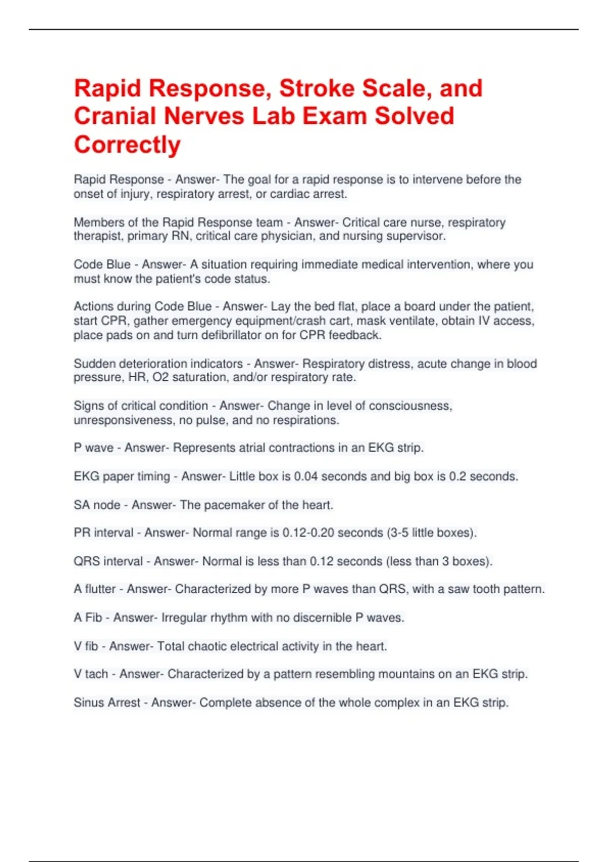 Rapid Response, Stroke Scale, and Cranial Nerves Lab Exam Solved ...