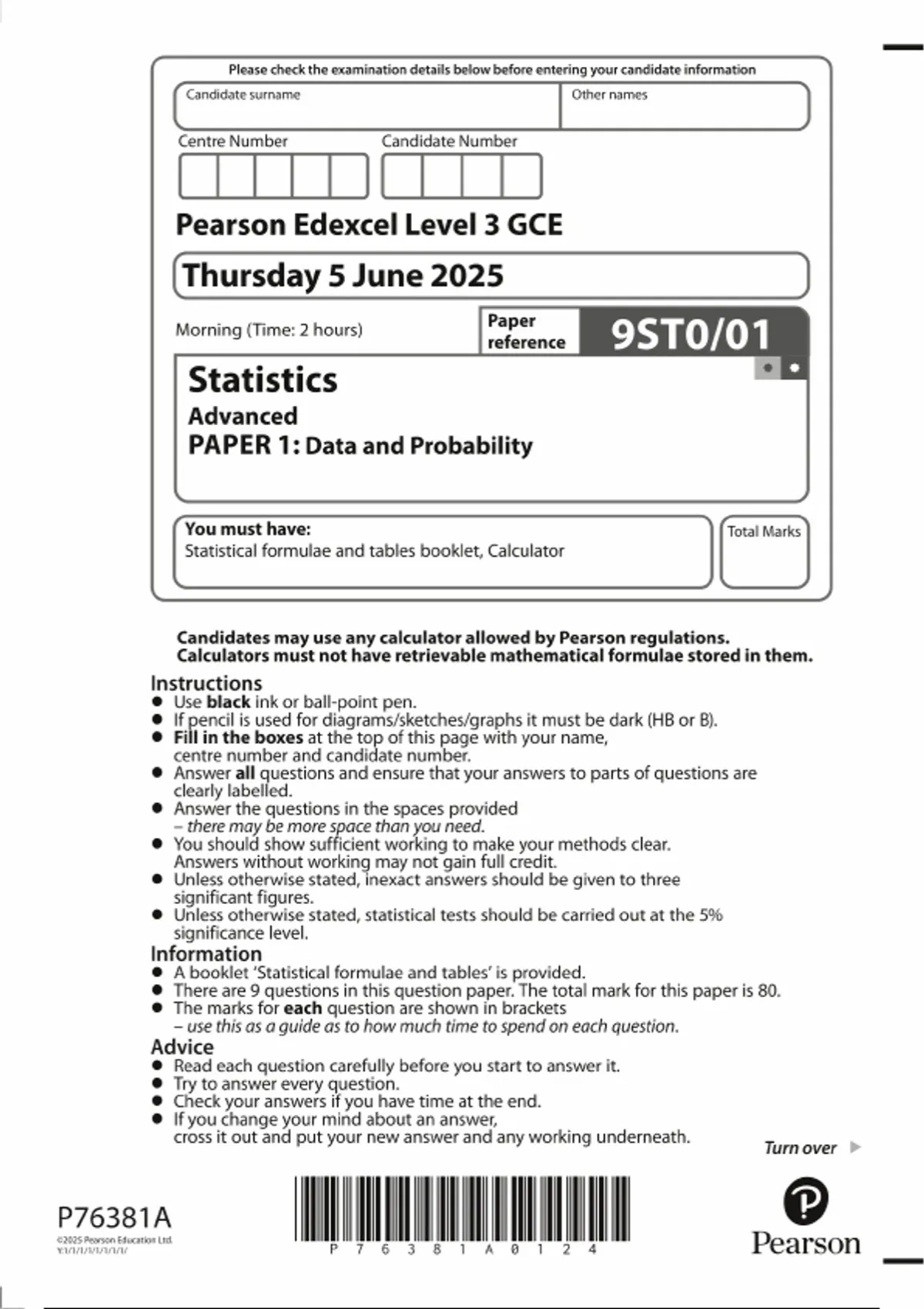 2025 Pearson Edexcel A Level Statistics Paper 1 (9ST0/01: Data and ...