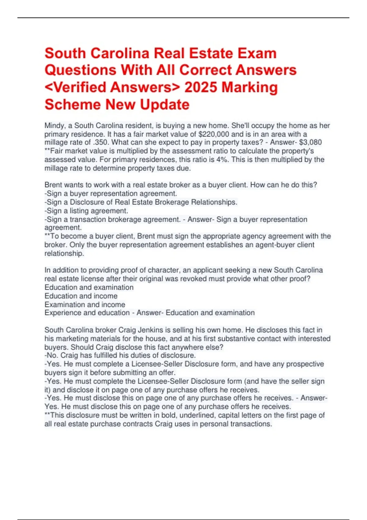 South Carolina Real Estate Exam Questions With All Correct Answers ...