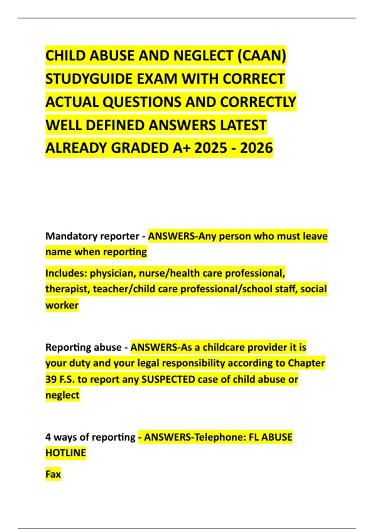 CHILD ABUSE AND NEGLECT (CAAN) STUDYGUIDE EXAM WITH CORRECT ACTUAL ...
