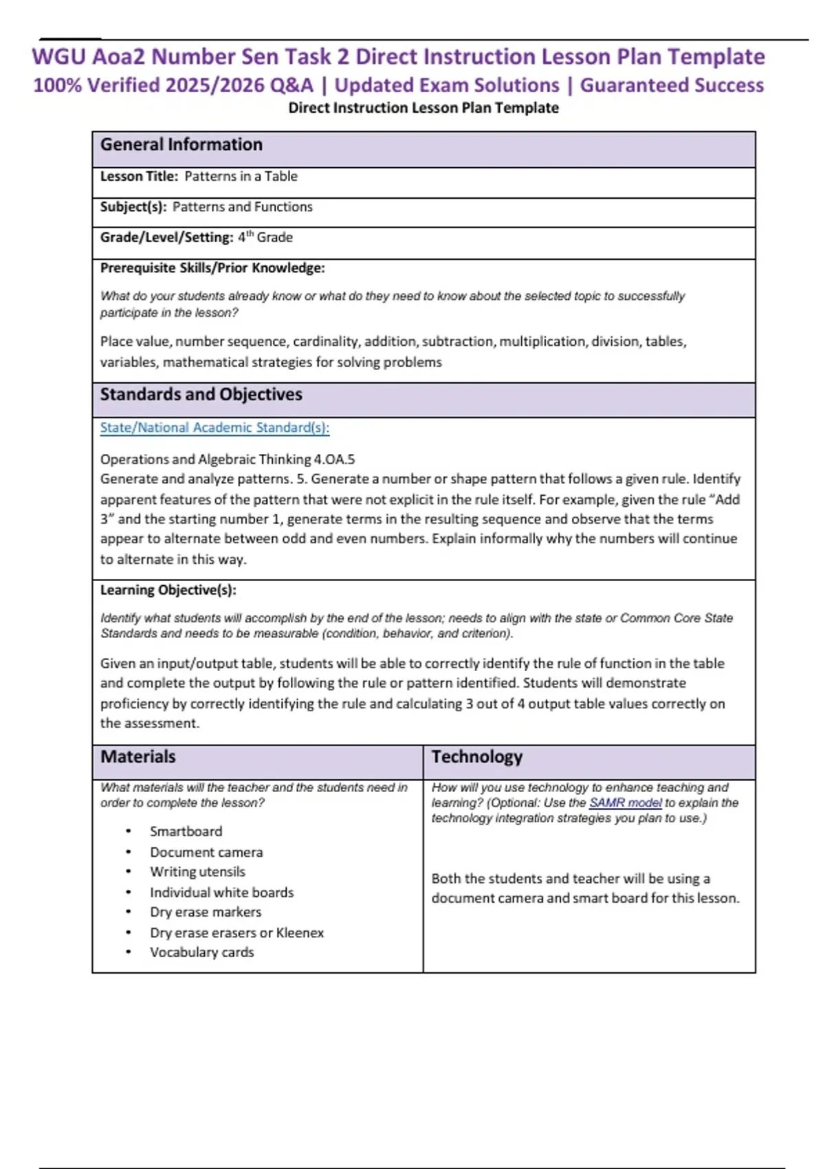 WGU Aoa2 Number Sen Task 2 Direct Instruction Lesson Plan Template 100% ...