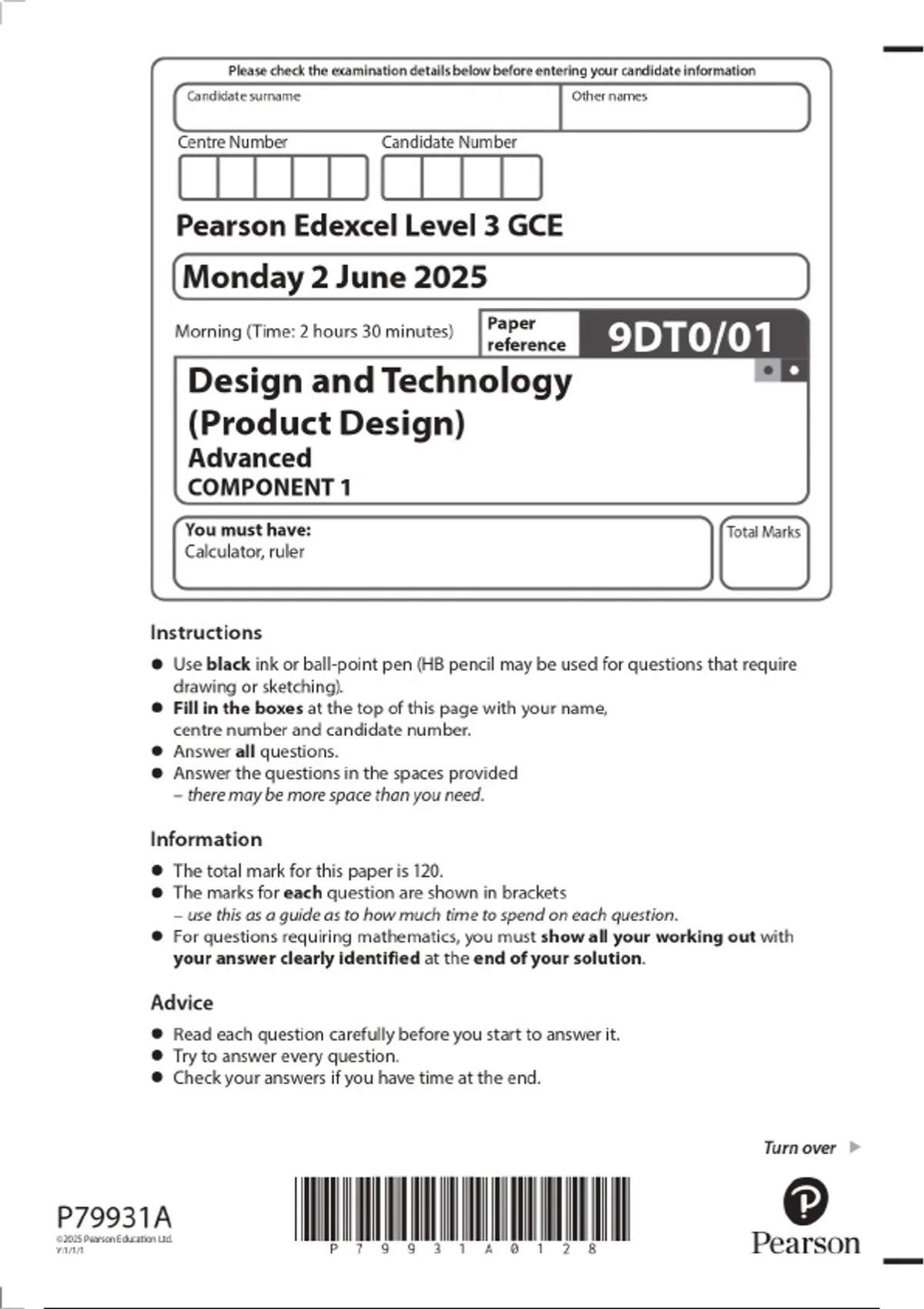 2025 GCSE PEARSON EDEXCEL LEVEL 1/LEVEL 2 (9-1) DESIGN AND TECHNOLOGY ...