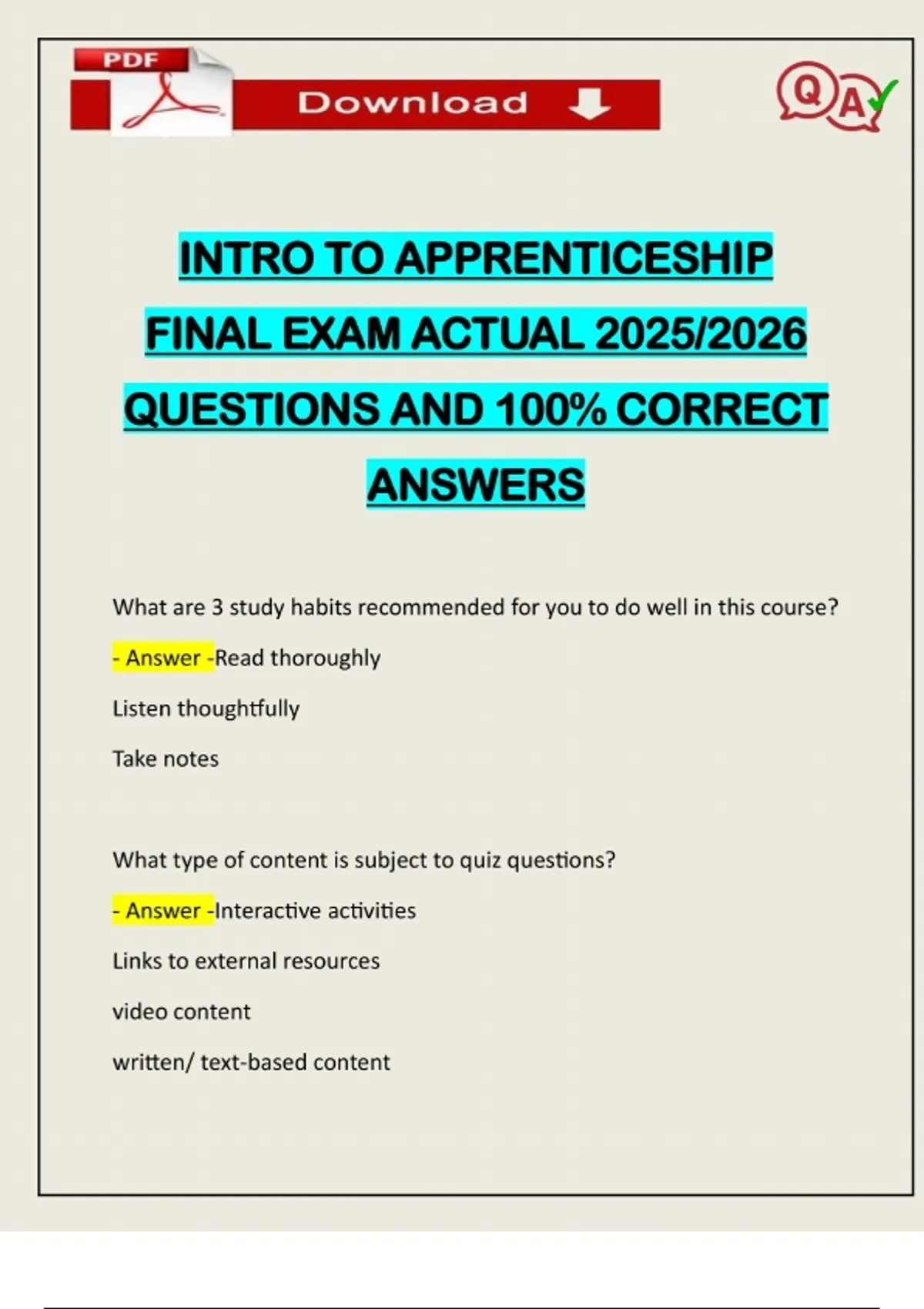 INTRO TO APPRENTICESHIP FINAL EXAM ACTUAL 2025/2026 QUESTIONS AND 100% ...