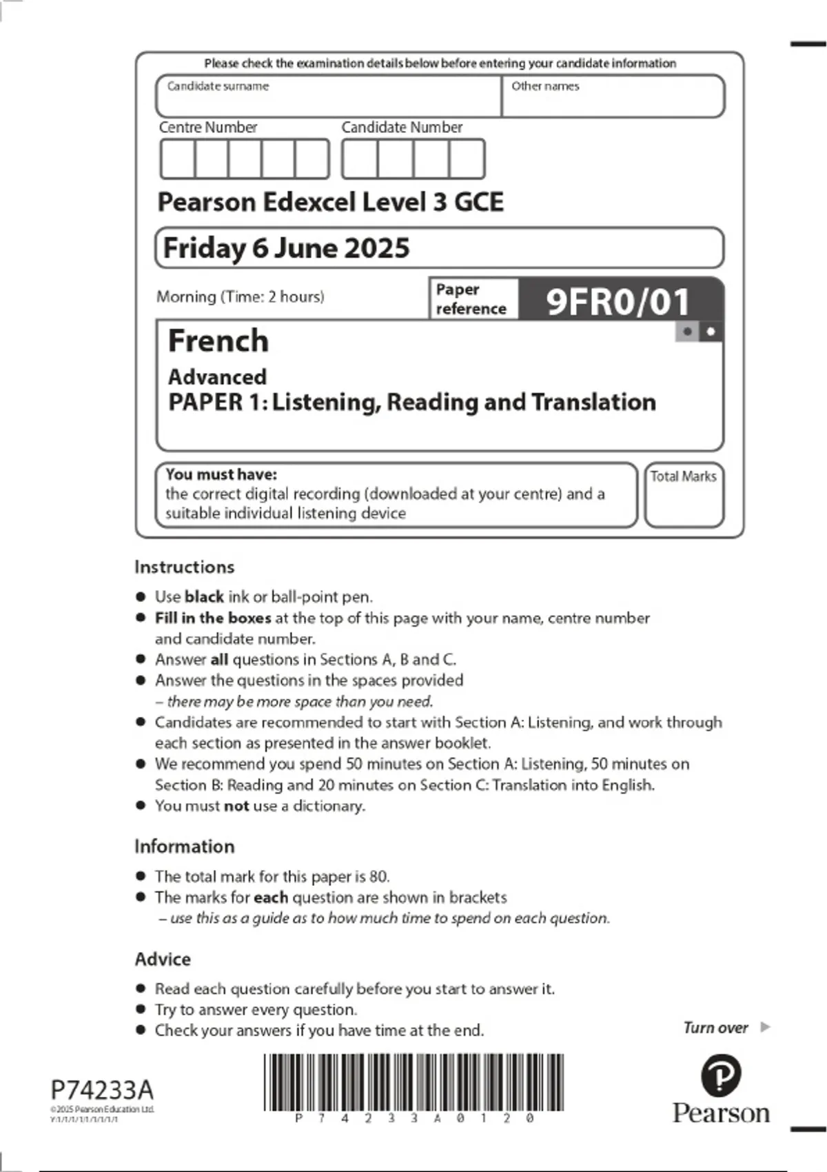 2025 GCSE PEARSON EDEXCEL LEVEL 1/LEVEL 2 (9-1) FRENCH ADVANCED PAPER 1 ...