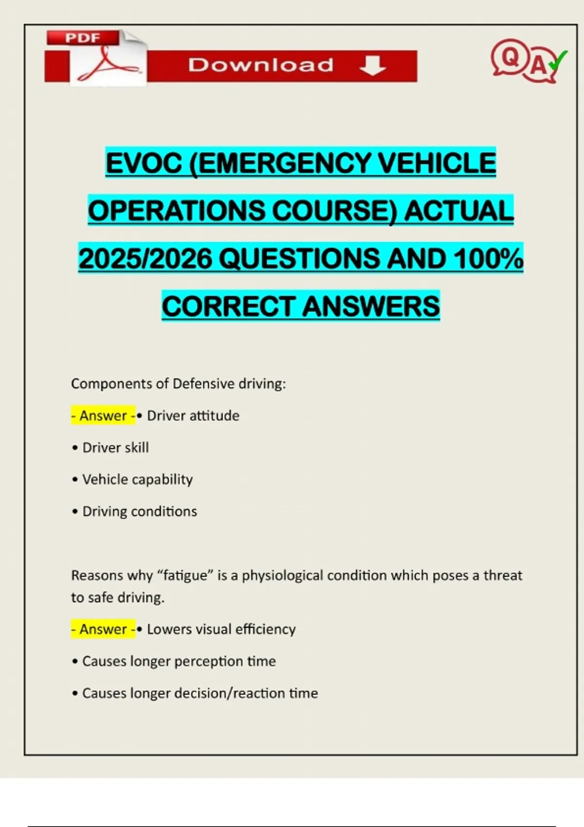 EVOC (EMERGENCY VEHICLE OPERATIONS COURSE) ACTUAL 2025/2026 QUESTIONS ...