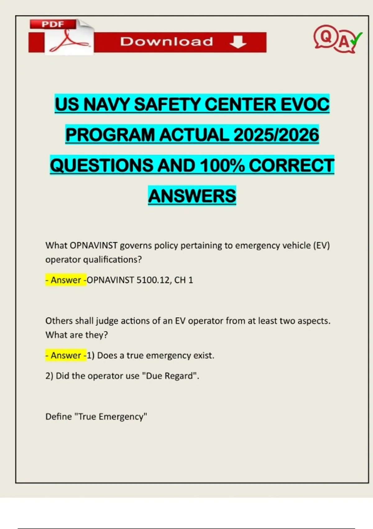 US NAVY SAFETY CENTER EVOC PROGRAM ACTUAL 2025/2026 QUESTIONS AND 100% ...
