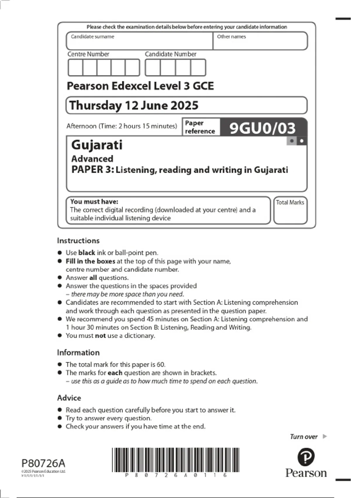 2025 GCSE PEARSON EDEXCEL LEVEL 1/LEVEL 2 (9-1) GUJARATI ADVANCED PAPER ...