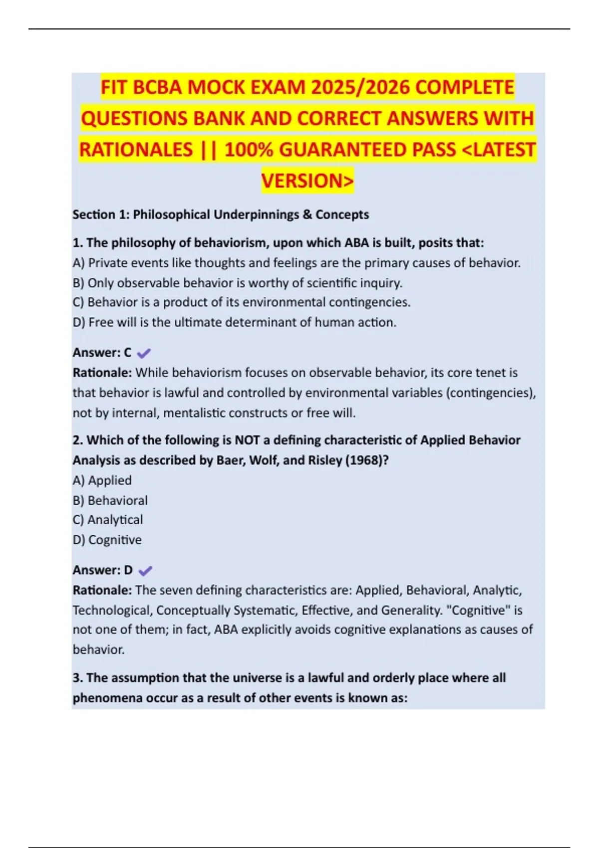 FIT BCBA MOCK EXAM 2025/2026 COMPLETE QUESTIONS BANK AND CORRECT ANSWERS WITH RATIONALES || 100% ...
