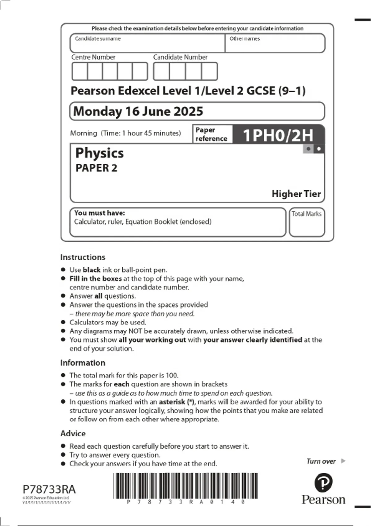 2025 Pearson Edexcel Level 1/Level 2 GCSE (9–1) Physics PAPER 2 ...