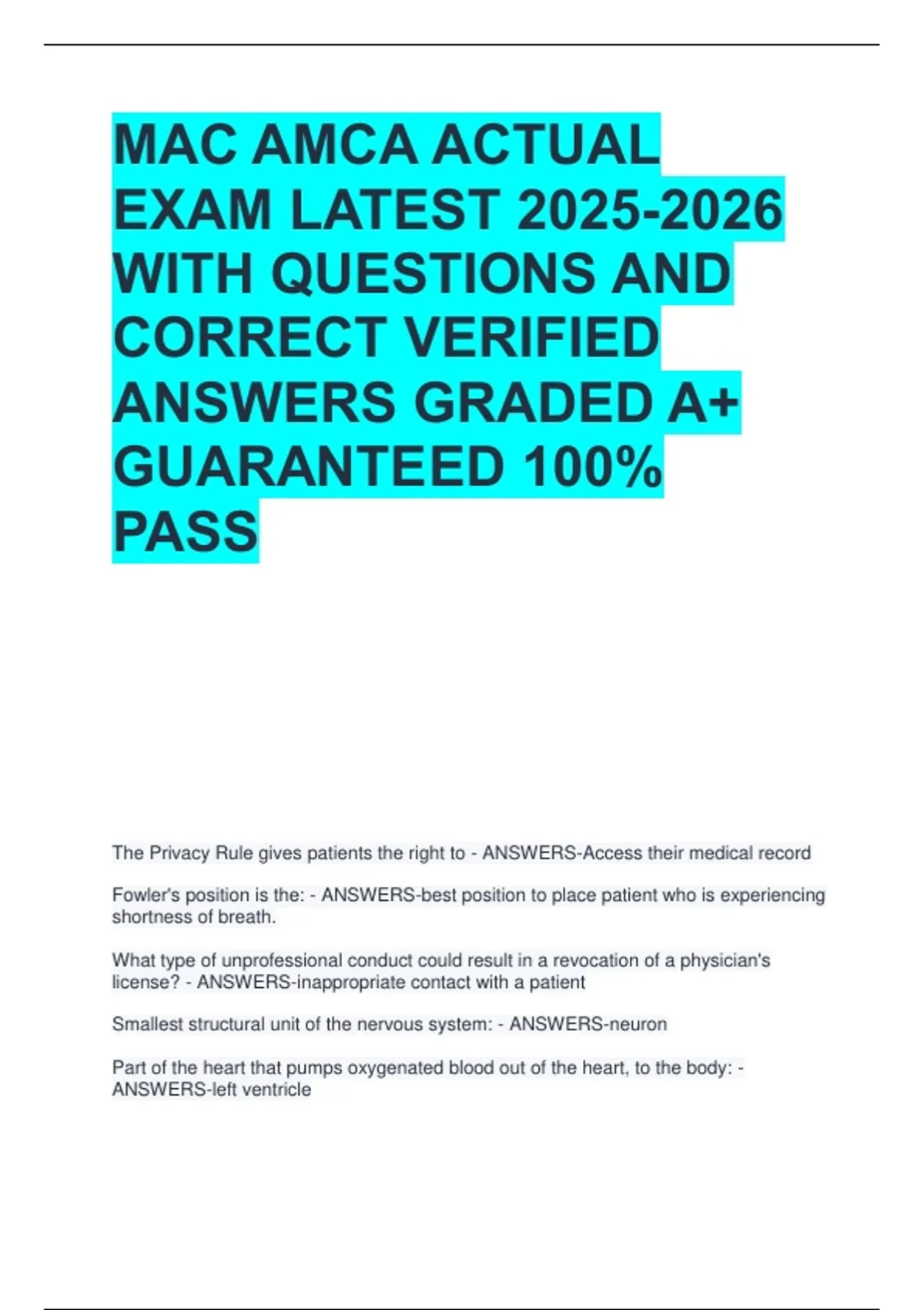 MAC AMCA ACTUAL EXAM LATEST WITH QUESTIONS AND CORRECT VERIFIED ANSWERS ...