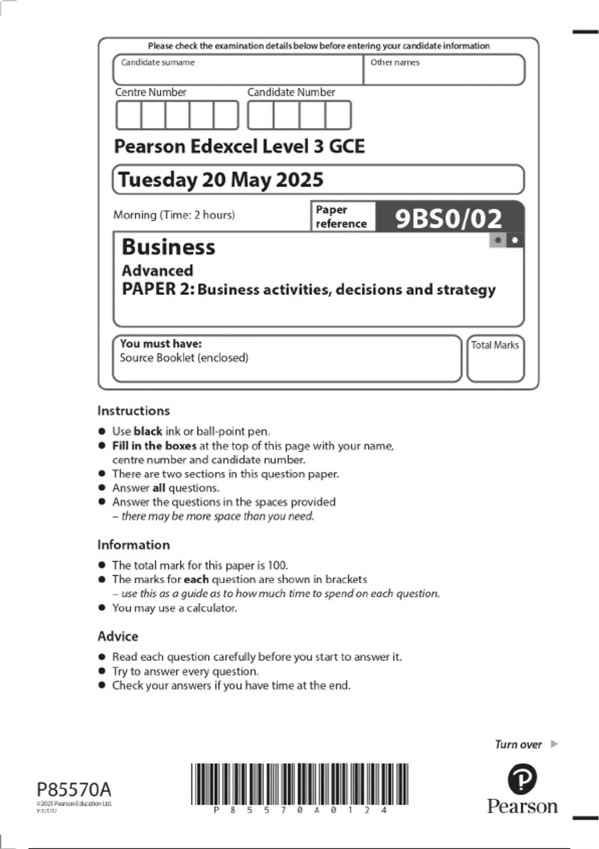 2025 Pearson Edexcel Level 3 GCE Business Advanced PAPER 2: Business ...