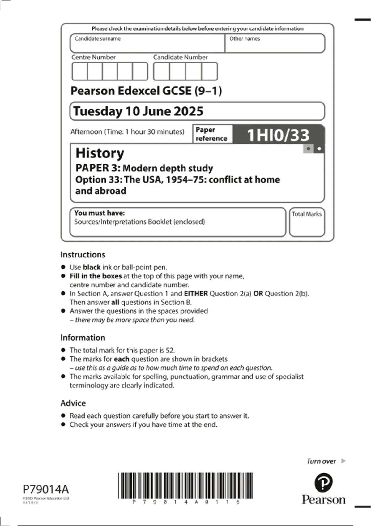 PEARSON EDEXCEL GCSE HISTORY PAPER 3 QUESTION PAPER 2025 (1HI0/33 ...