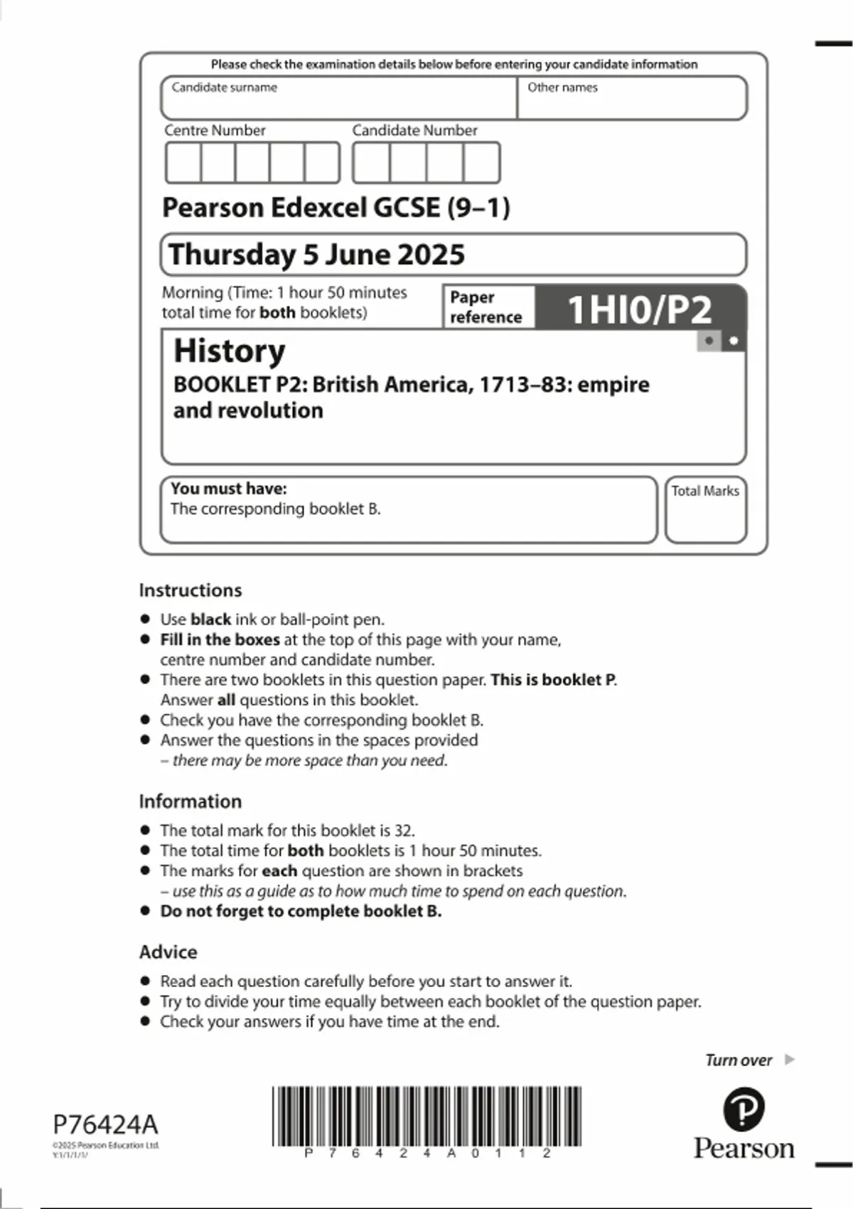 PEARSON EDEXCEL GCSE HISTORY PAPER P2 QUESTION PAPER 2025 (1HI0/P2 ...