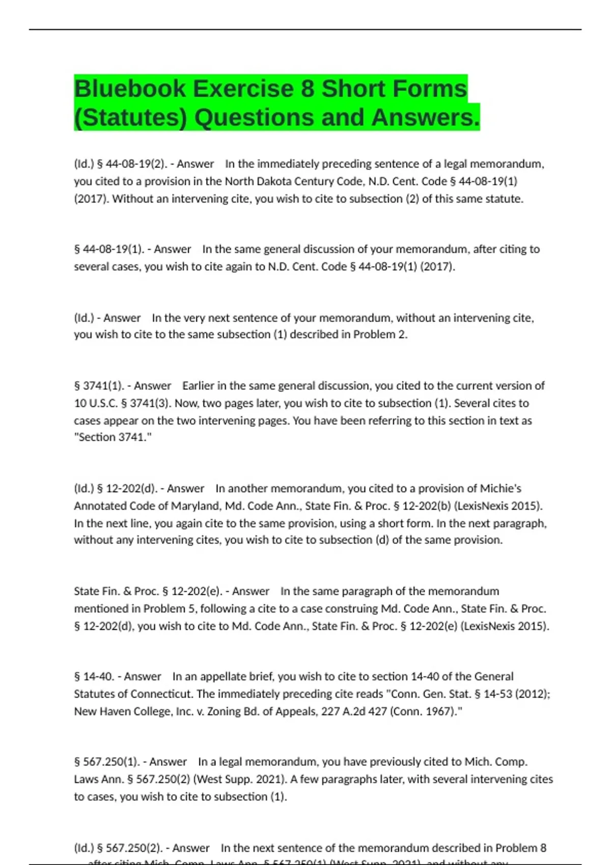 Bluebook Exercise 8 Short Forms (Statutes) Questions and Answers ...