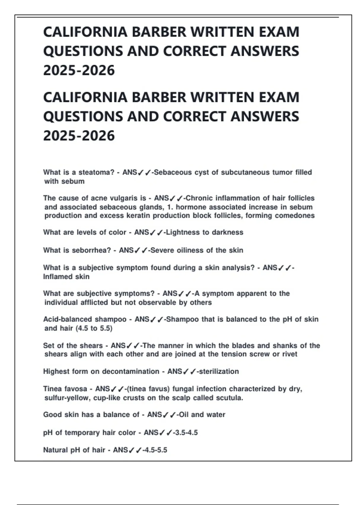 CALIFORNIA BARBER WRITTEN EXAM QUESTIONS AND CORRECT ANSWERS - Nursing ...