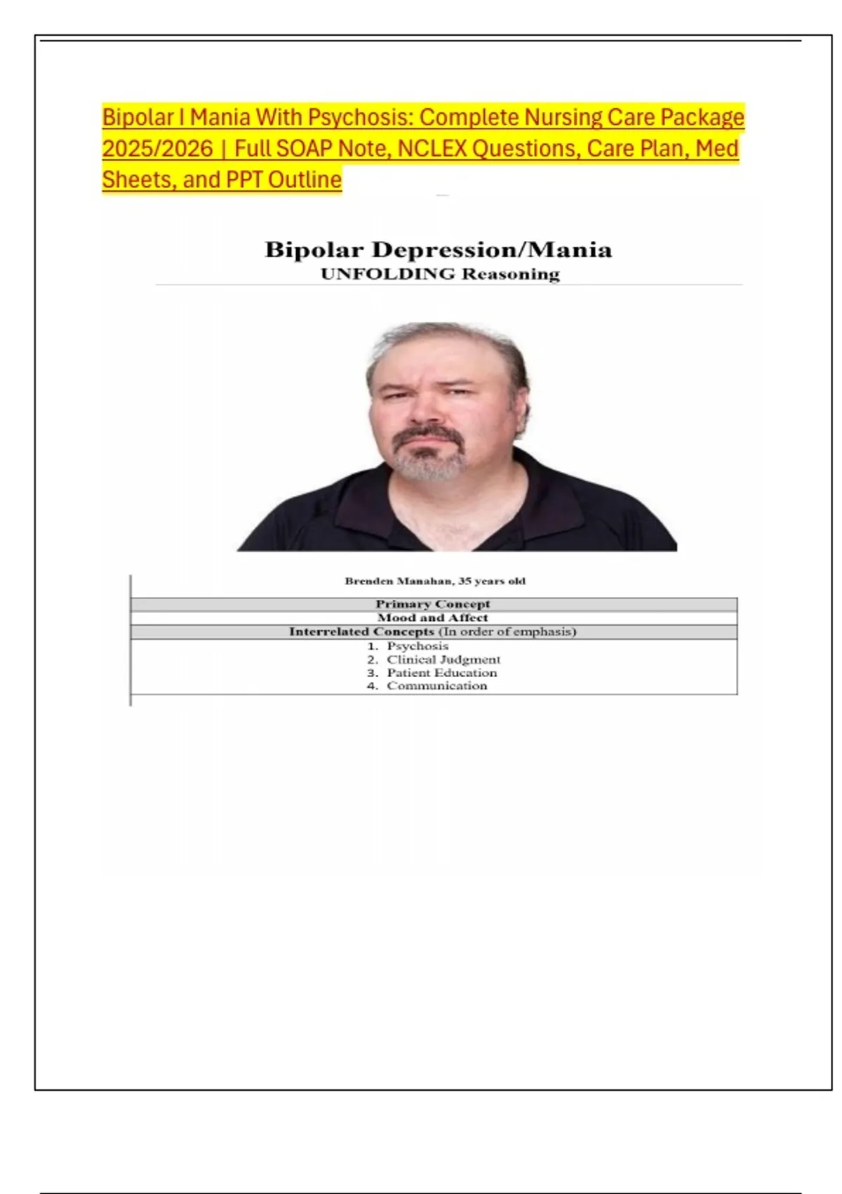 Bipolar I Mania With Psychosis: Complete Nursing Care Package 2025/2026 ...