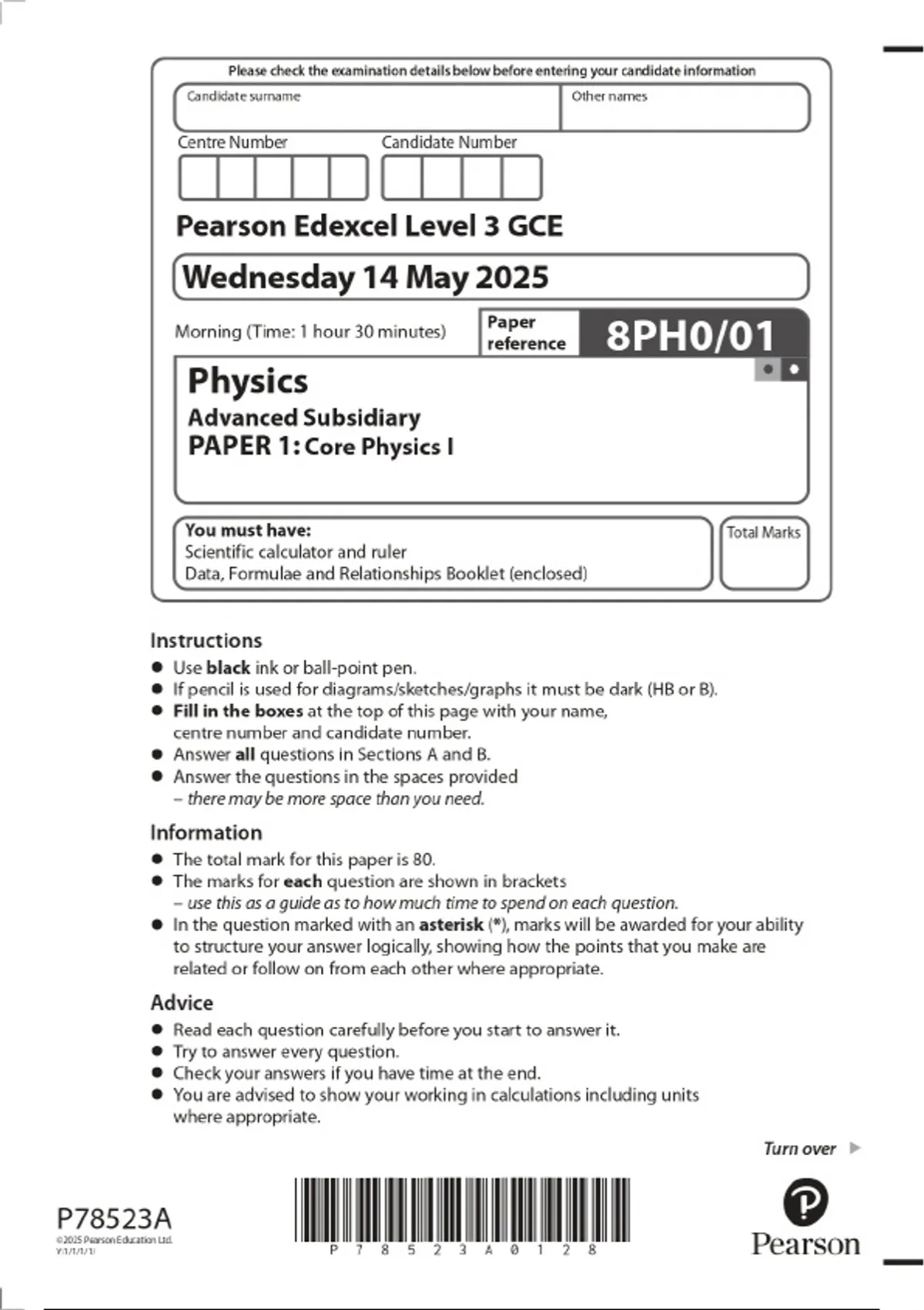 2025 Pearson Edexcel Level 3 GCE Physics Advanced Subsidiary PAPER 1 ...