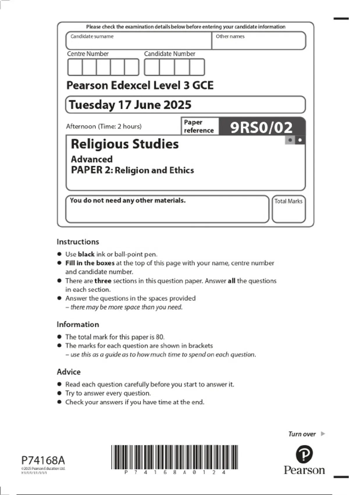 2025 Pearson Edexcel Level 3 GCE Religious Studies Advanced PAPER 2 ...