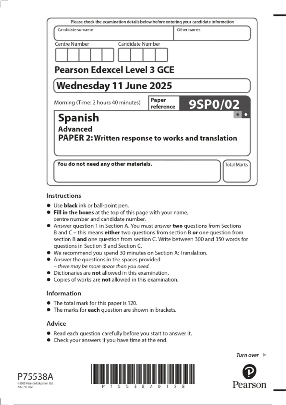 2025 Pearson Edexcel Level 3 GCE Spanish Advanced PAPER 2: Written ...