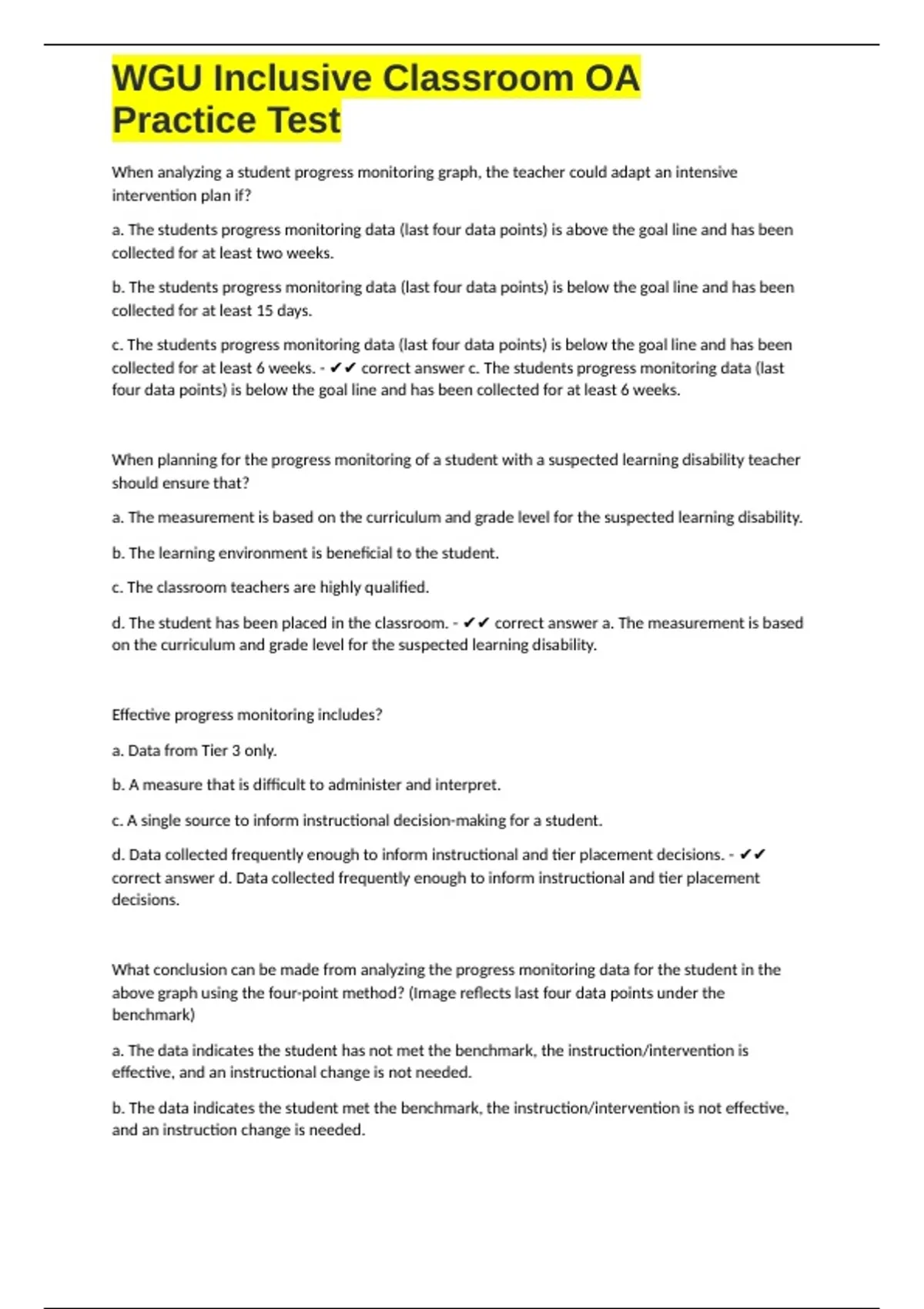 WGU Inclusive Classroom OA Practice Test exam questions and 100% ...