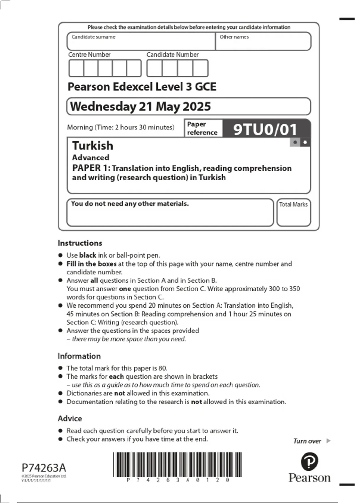 2025 Pearson Edexcel Level 3 GCE Turkish Advanced PAPER 1: Translation ...