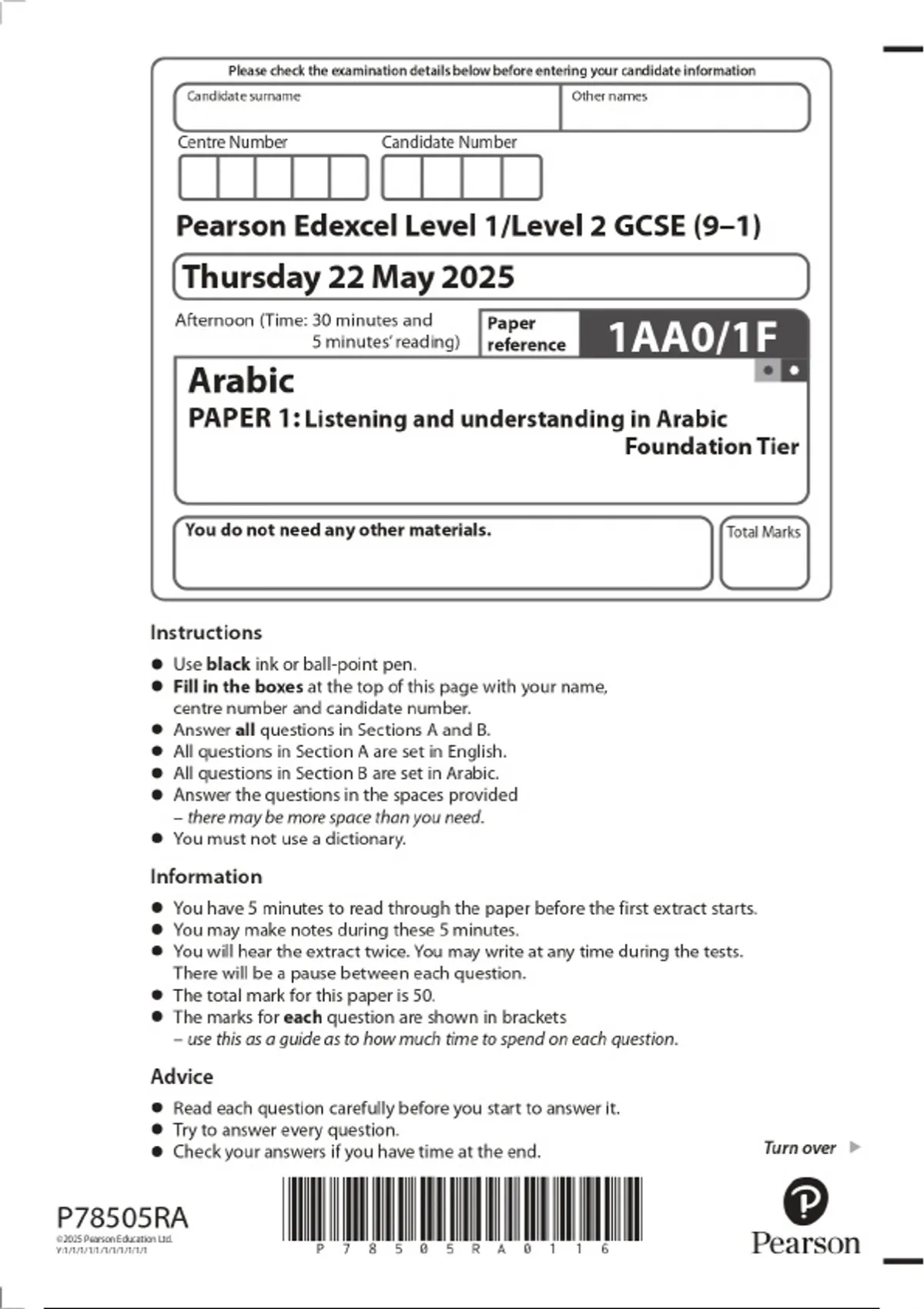 2025 Pearson Edexcel Level 1/Level 2 GCSE (9–1) Arabic PAPER 1 ...