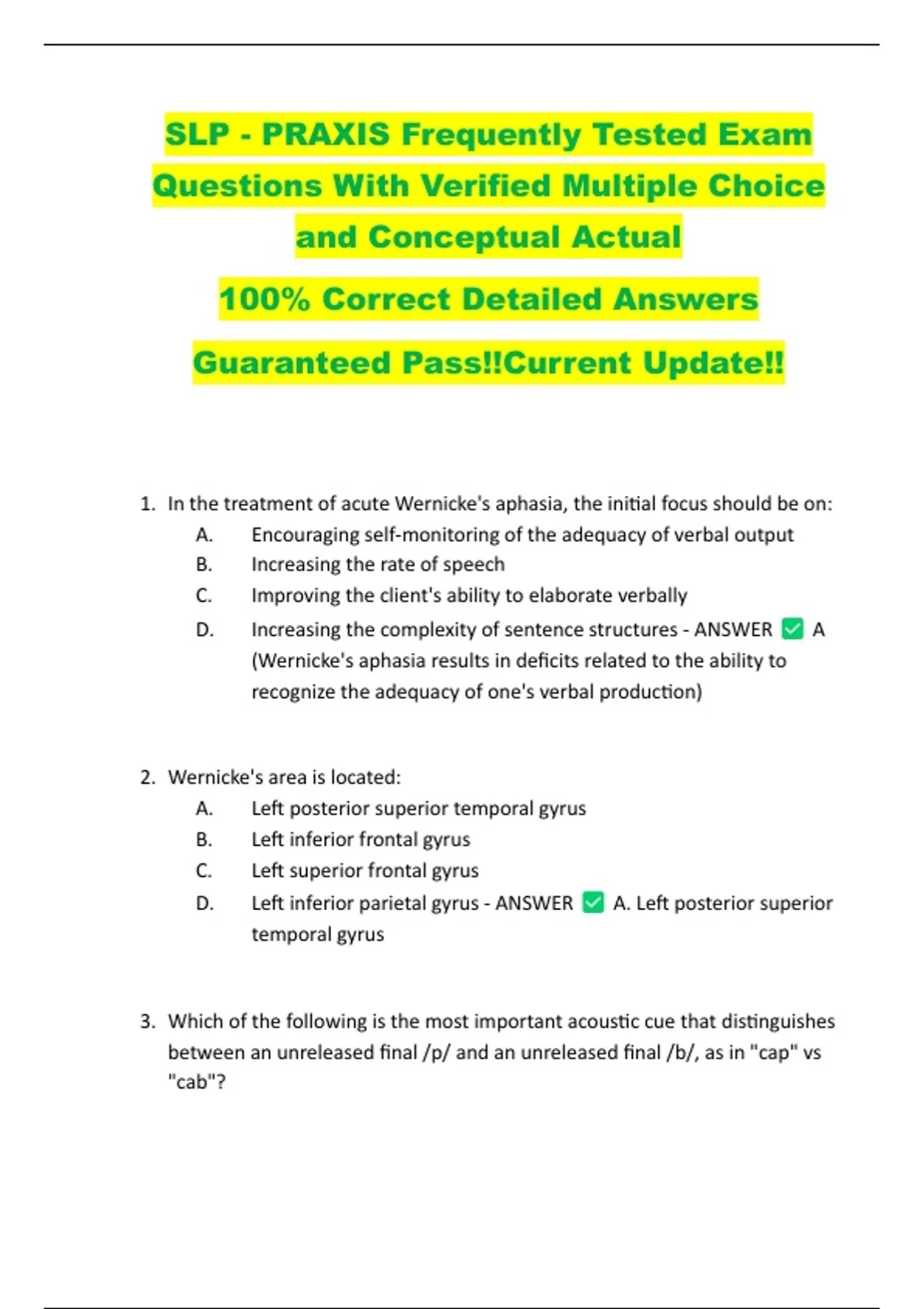 SLP - PRAXIS Frequently Tested Exam Questions With Verified Multiple ...