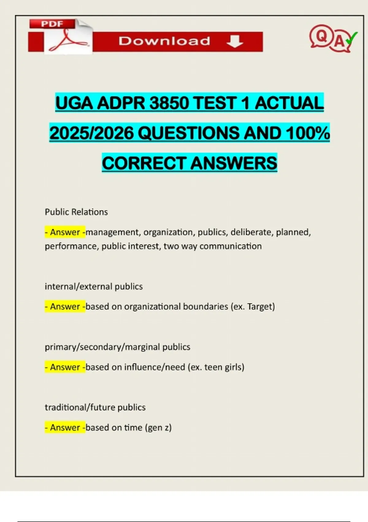 UGA ADPR 3850 TEST 1 ACTUAL 2025/2026 QUESTIONS AND 100% CORRECT ...